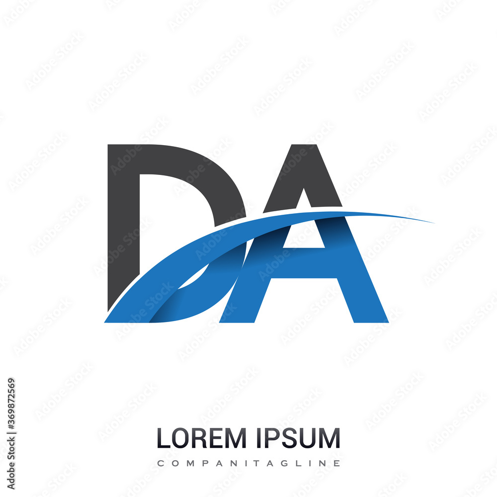 initial letter DA logotype company name colored blue and grey swoosh ...