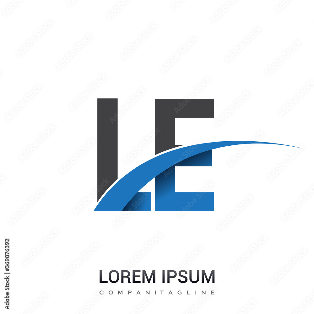 initial letter LE logotype company name colored blue and grey swoosh ...