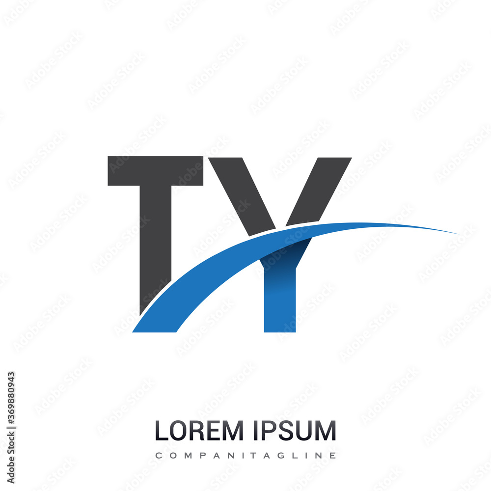 initial letter TY logotype company name colored blue and grey swoosh ...