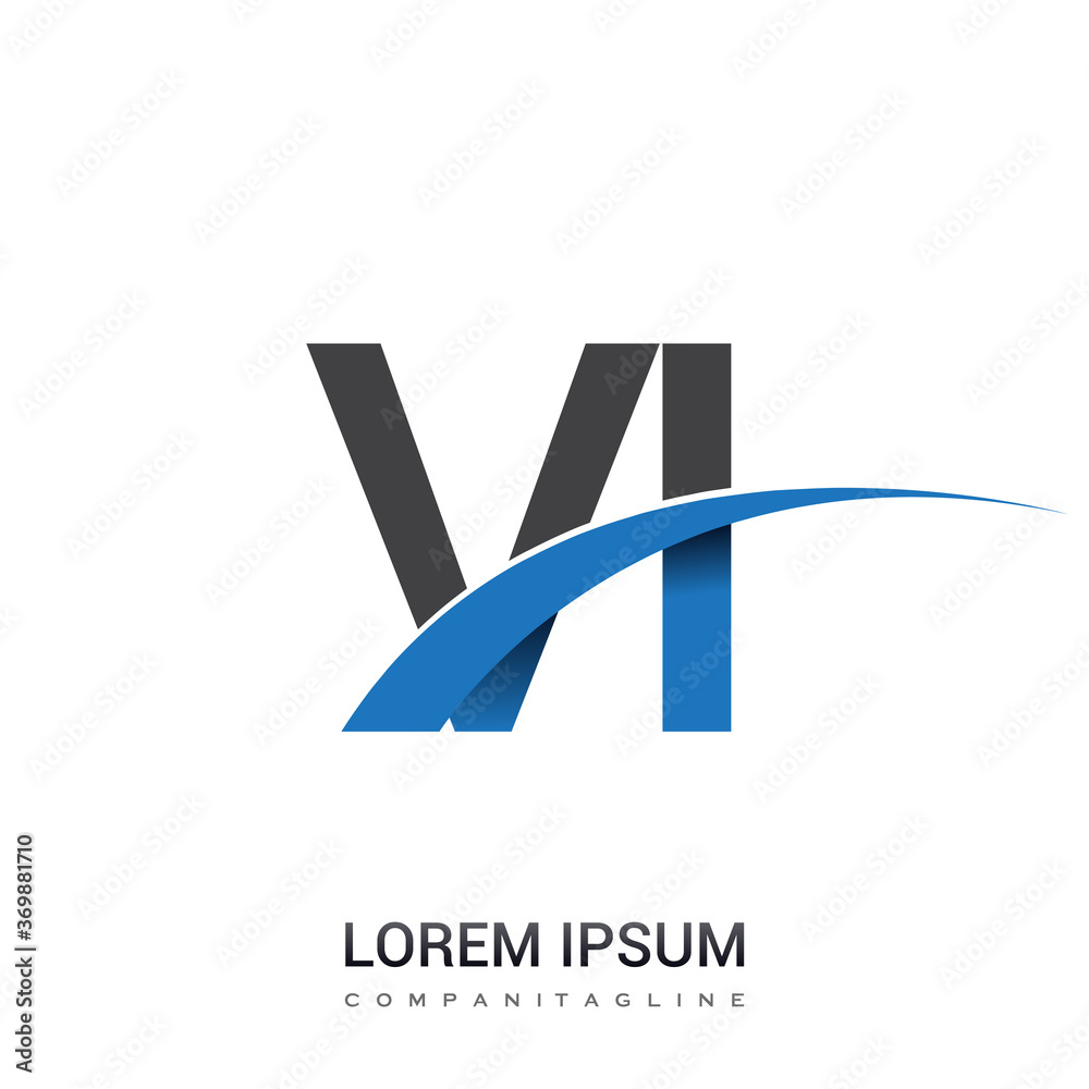initial letter VI logotype company name colored blue and grey swoosh ...