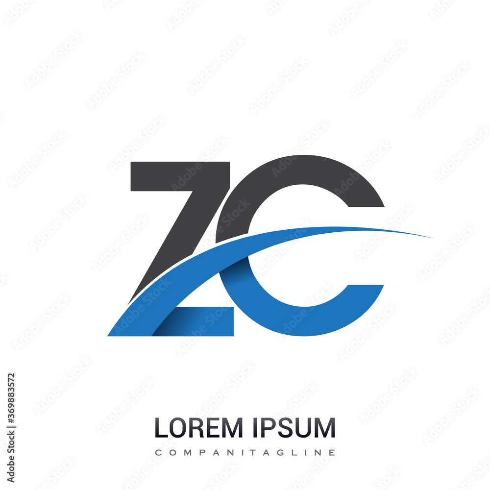 initial letter ZC logotype company name colored blue and grey swoosh design. vector logo for ...