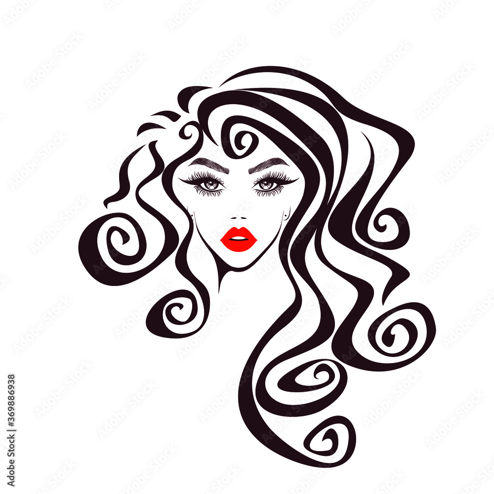 Beautiful Sexy Woman Face Red Lips Black Hair Style Fashion