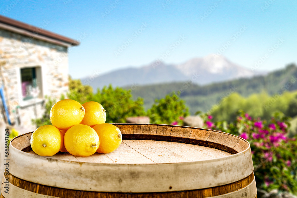 Freh juicy yellow fruit of lemons on wooden wine barrel with ...