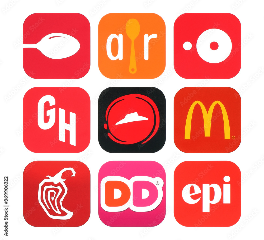 Kiev, Ukraine - February 26, 2016: Collection of popular food icons ...