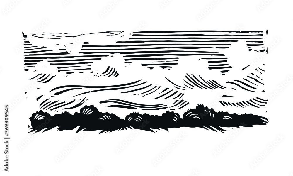 Linocut landscape. Illustration of nature. Clouds linocut. Black and ...