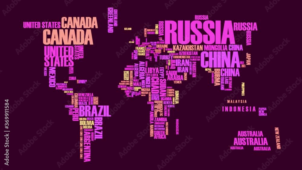 ultraviolet style world map with every countries name written in ...