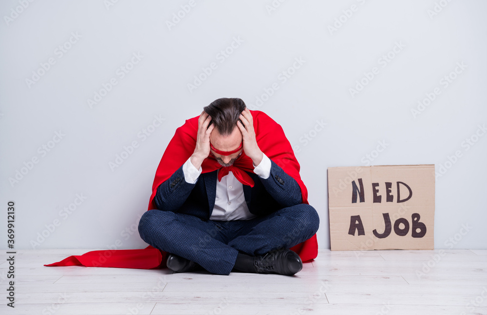Full body photo of stressed mature fired business guy superhero costume ...