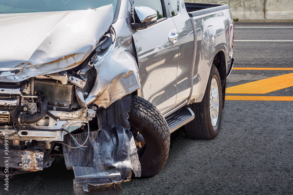 Pickup truck car crash damaged from accident on the road Stock Photo ...