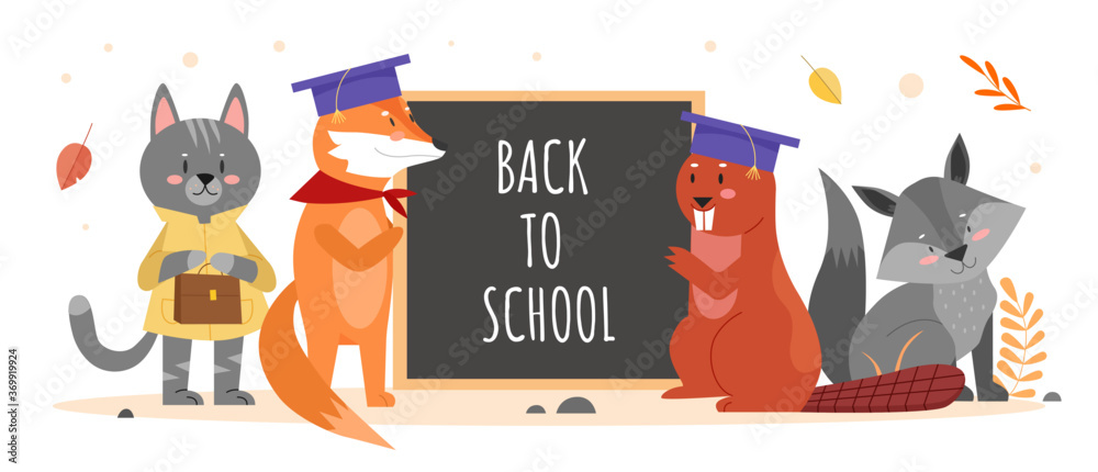 Animals in school education vector illustration. Cartoon flat ...