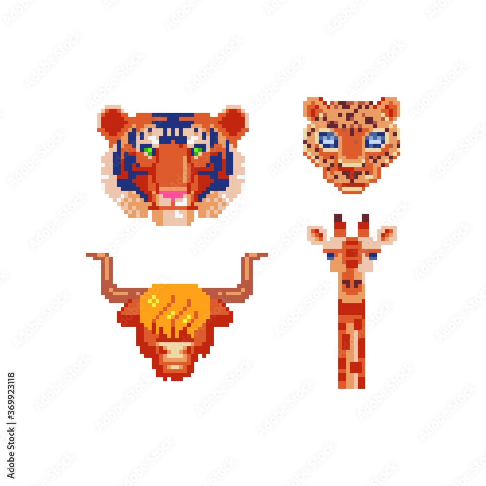 Safari animals characters pixel art icons set, tiger, leopard, buffalo ...