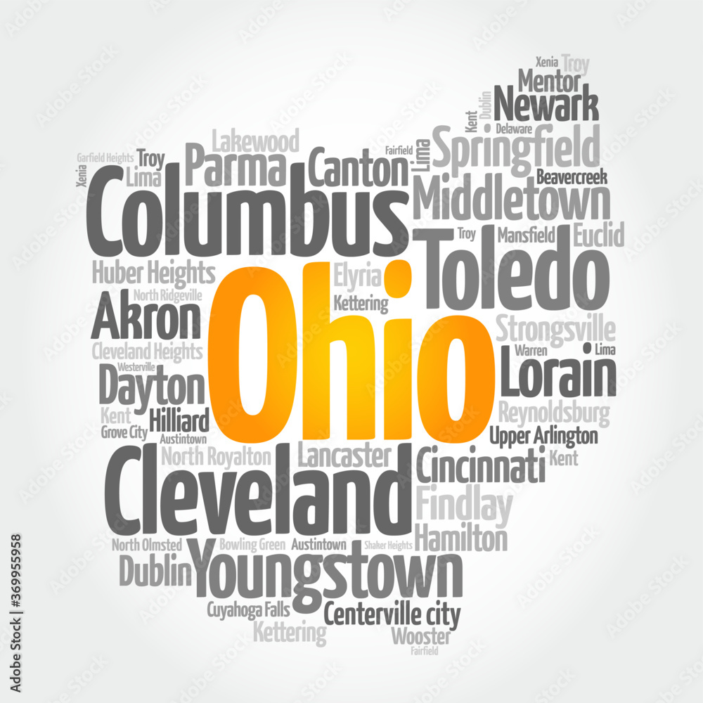List of cities in Ohio USA state, map silhouette word cloud, map ...