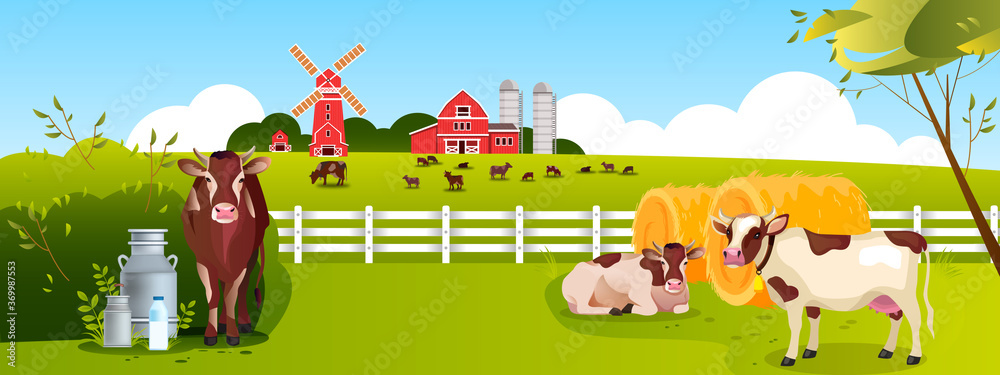 Milk farm background with cows, bull, haystack, mill, barn, dairy ...
