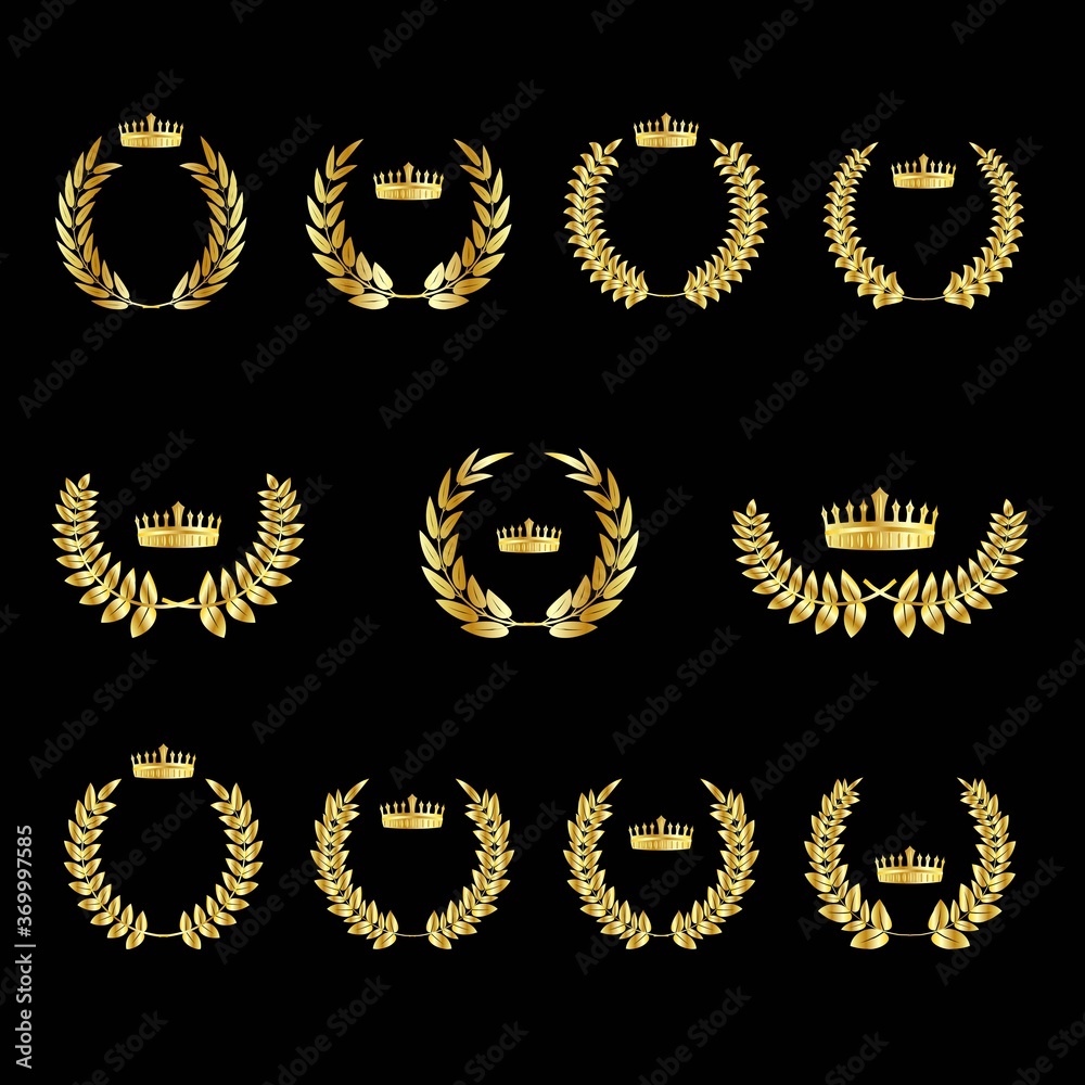 Set of gold award laurel wreaths with royal crown and branches on dark ...