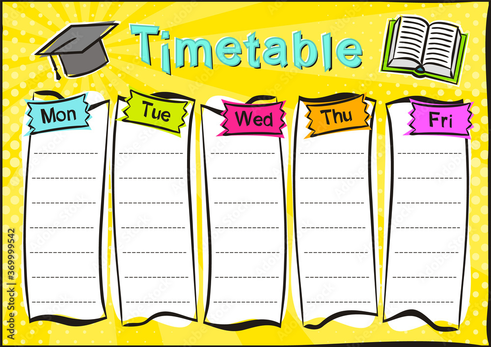 Bright template of a school schedule for 5 days of the week for ...
