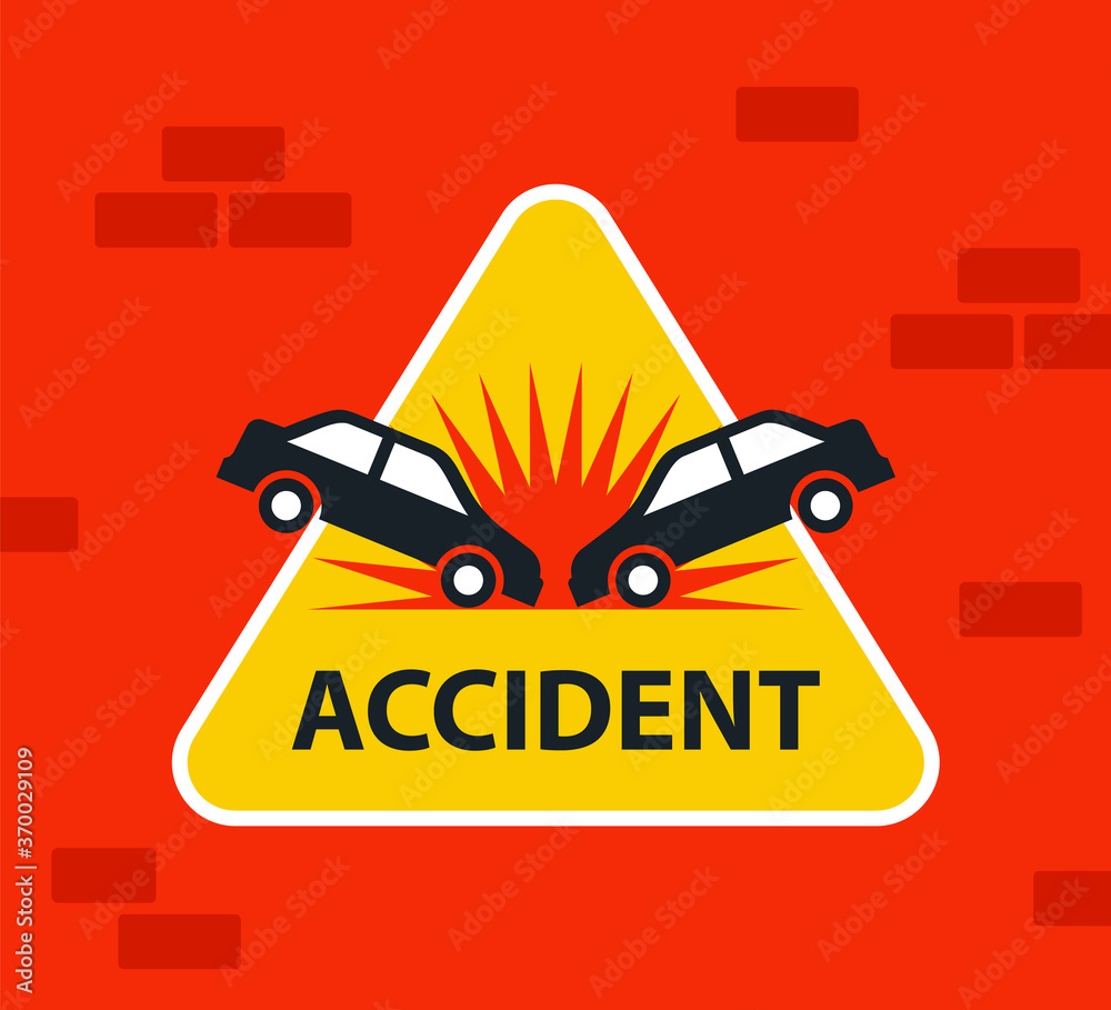 triangular yellow car accident sign. head-on collision of vehicles on ...