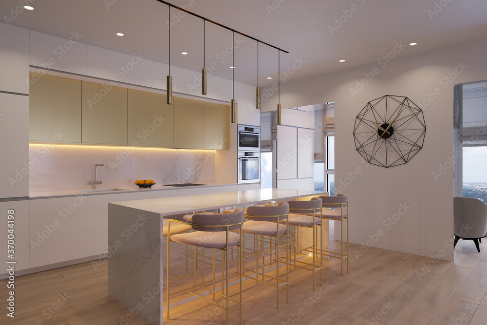 3D render of a kitchen with day lighting. Kitchen interior design ...