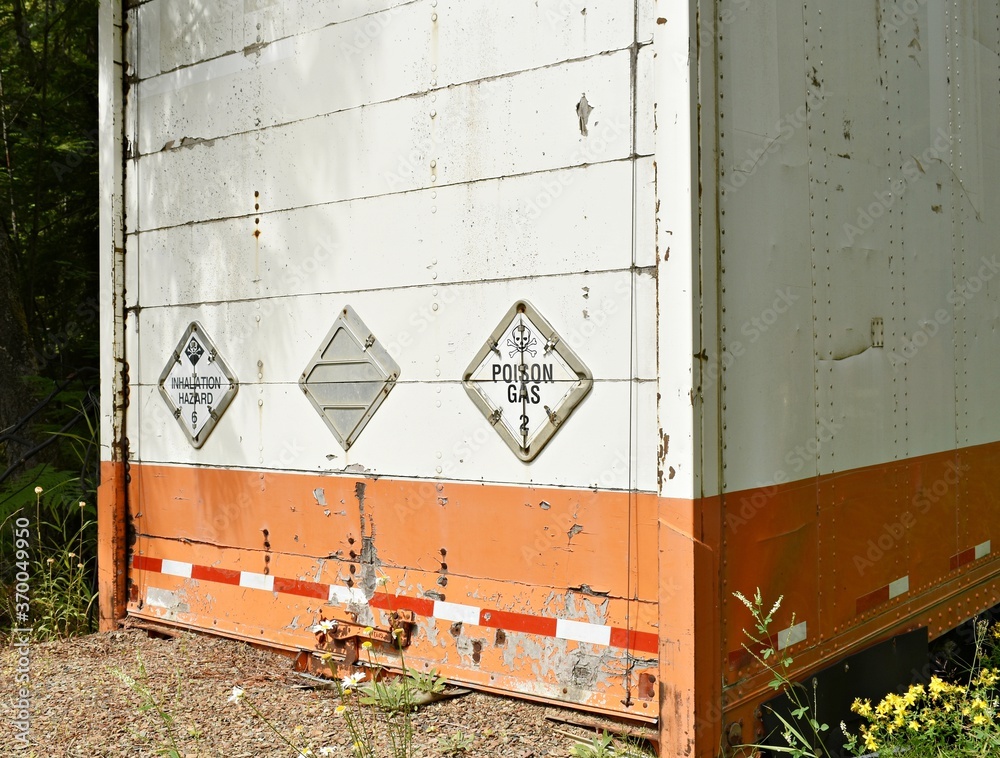 Poison gas and inhalation hazard caution signs on old shipping ...