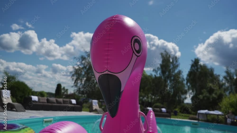 Inflatable pink flamingo, balls with sparkles and a circle floats in ...