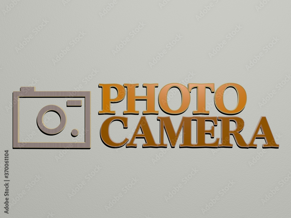 3D representation of photo camera with icon on the wall and text ...