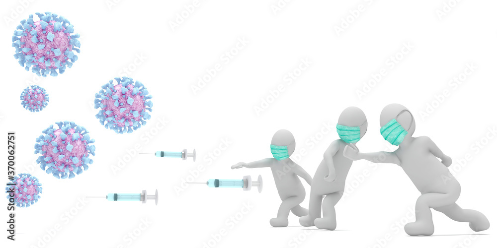 3d illustration stickman wearing face mask throwing syringe against ...