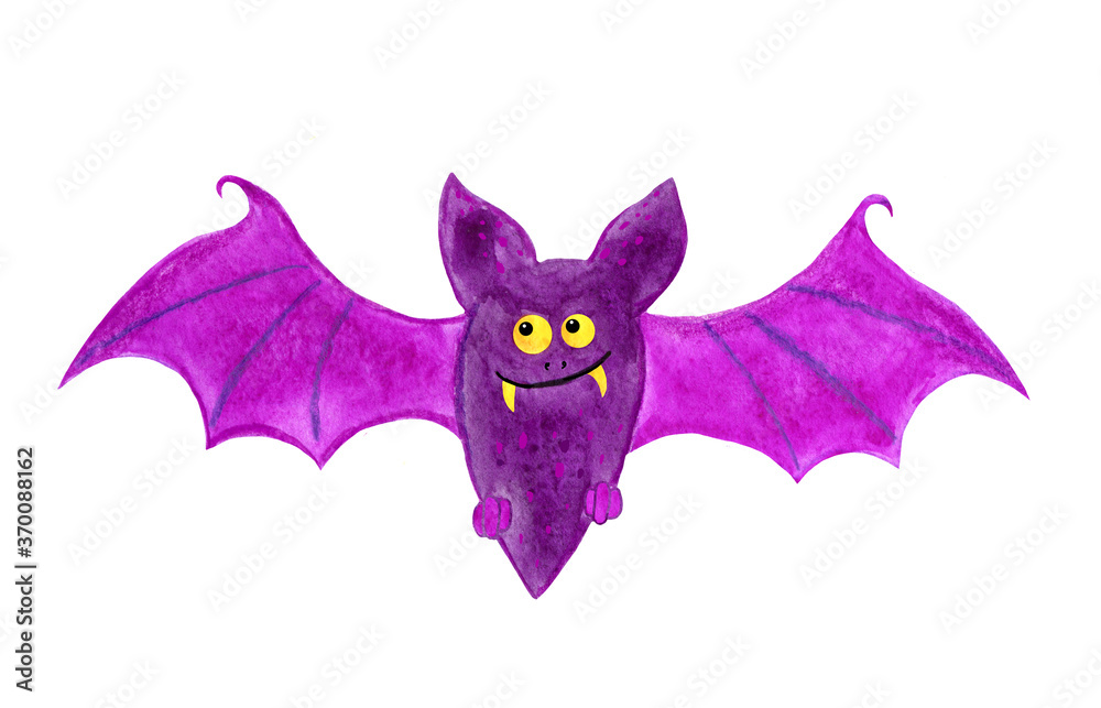 Purple bat with yellow eyes and fangs in cartoon style. Clipart for ...