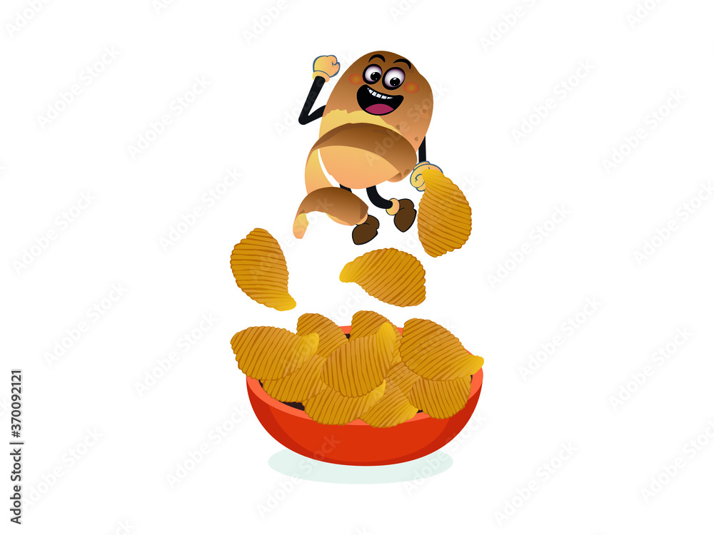 Vetor de Cartoon Crispy potato chips character in bowl Vector ...