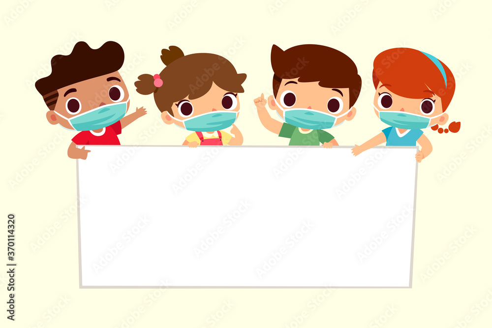 cute kids wearing face mask holding blank sign Stock Vector | Adobe Stock