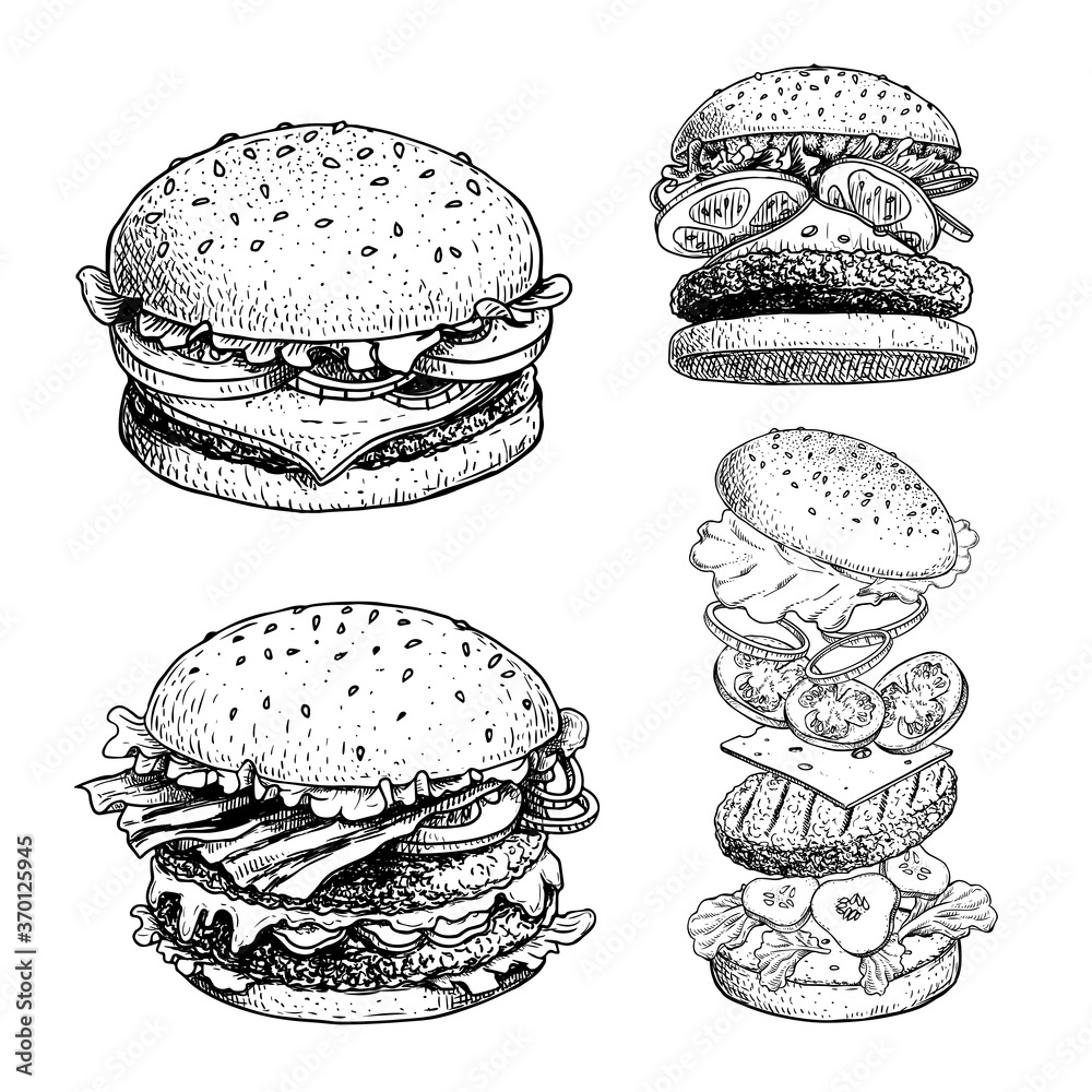 Delicious burgers set. Hand drawn sketch style drawings of different ...
