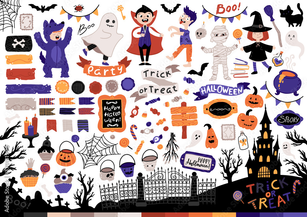 Halloween Kids Costume Party set. A group of kids in various costumes ...