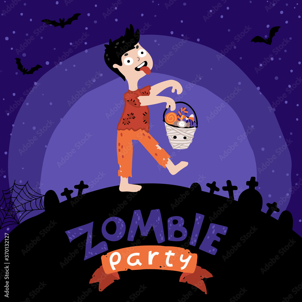 Halloween Kids Zombie party. A Kid in costume zombie with a bucket of ...