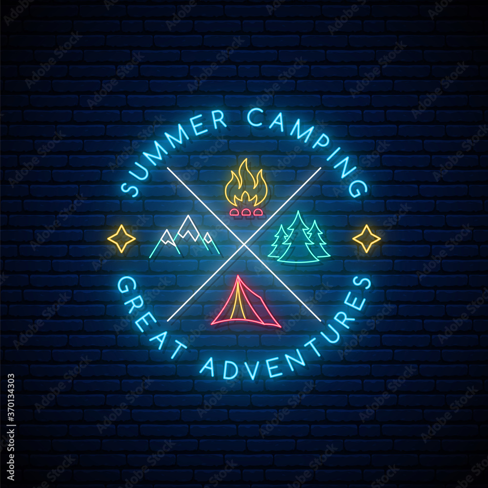 Neon tourism sign. Bright glowing emblem with tent, forest, mountains ...