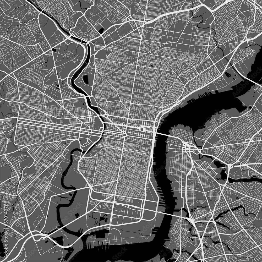 Urban city map of Philadelphia. Vector poster. Grayscale street map ...