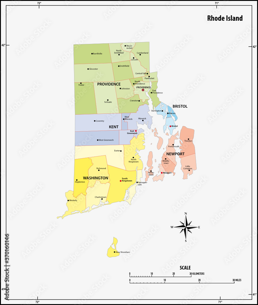 rhode island state outline administrative and political vector map in ...