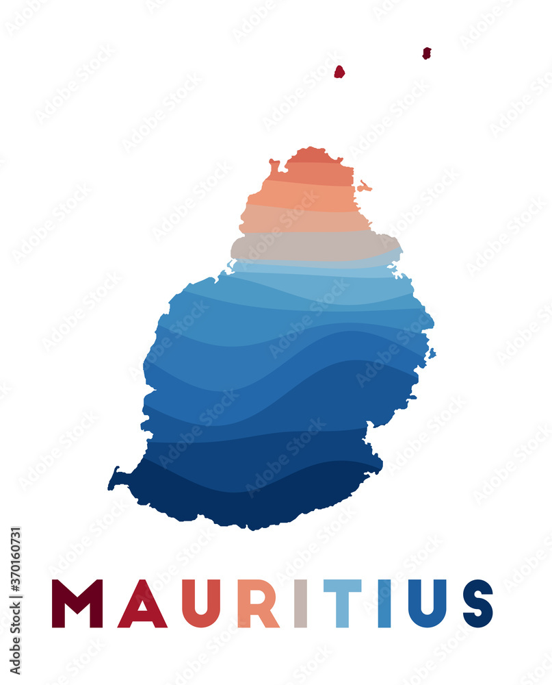 Mauritius map. Map of the island with beautiful geometric waves in red ...