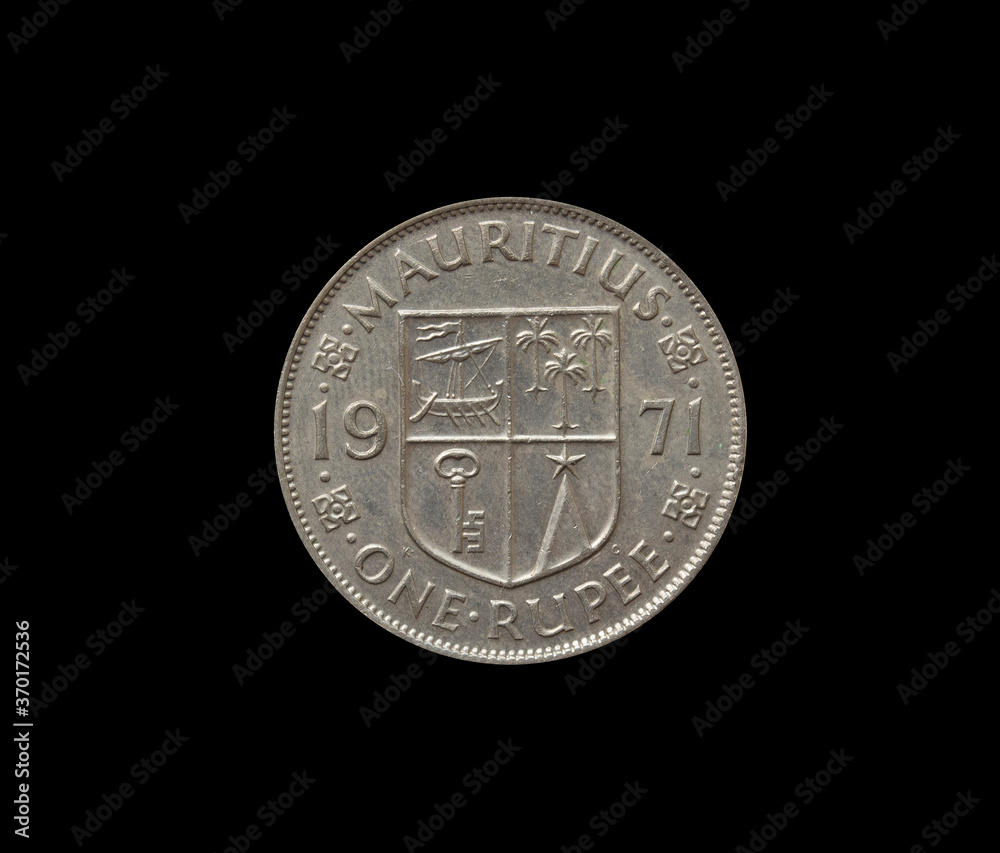 One rupee coin made by Mauritius in 1971, that shows Numeral value and ...