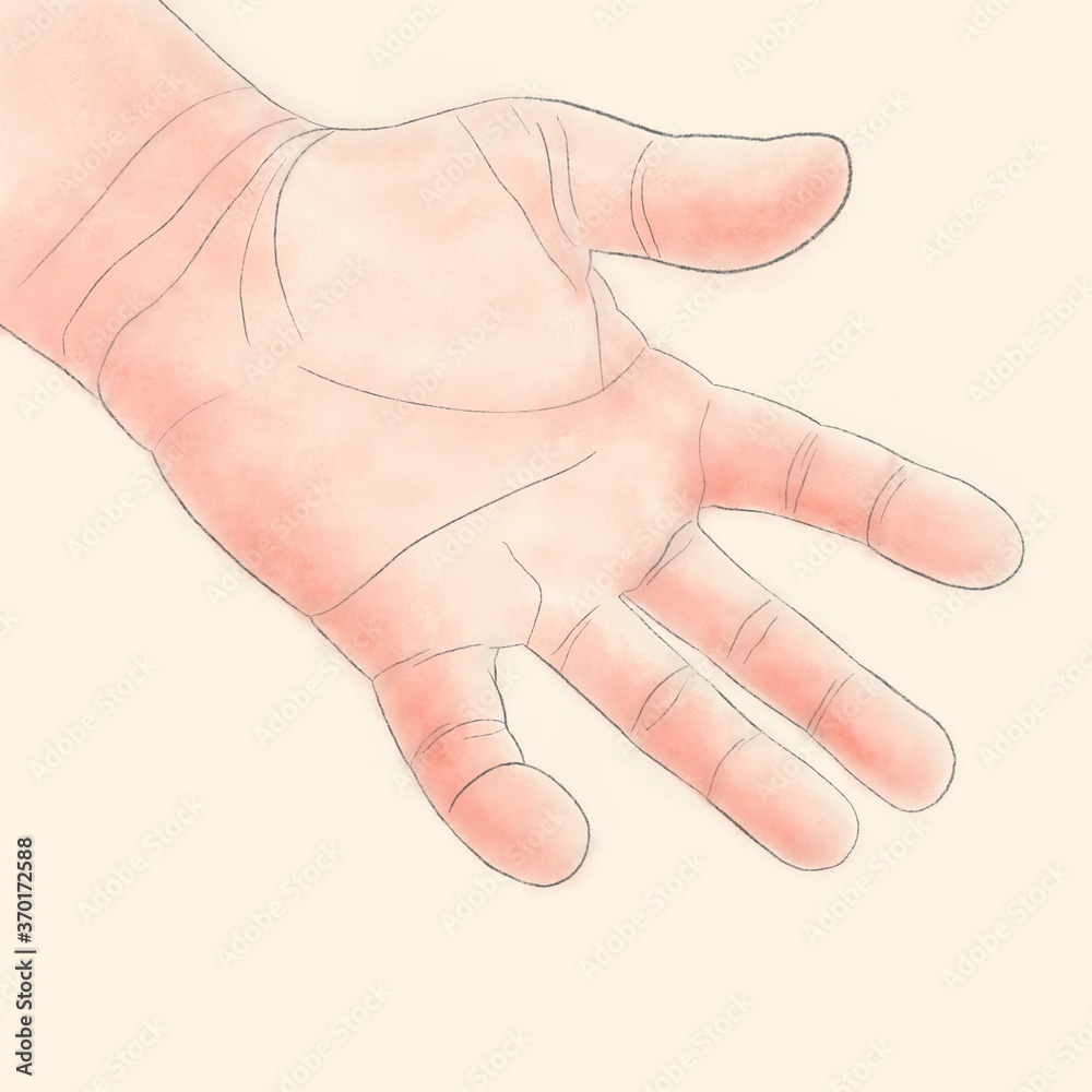 Left-handed hand drawn by watercolor. An open palm is a gesture of help ...