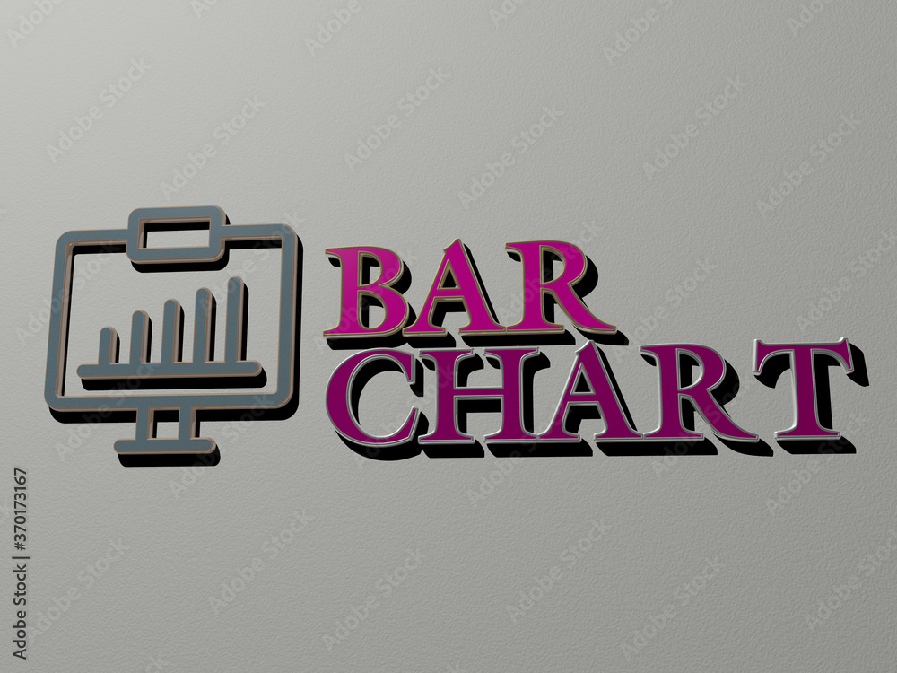 3D representation of bar chart with icon on the wall and text arranged ...