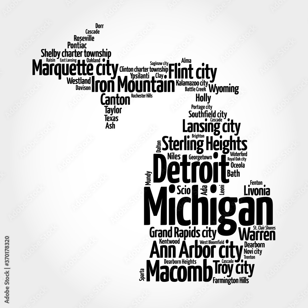 Poster List of cities in Michigan USA state, map silhouette word cloud ...