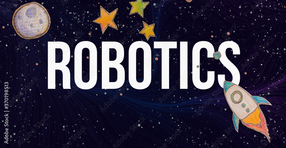 Robotics theme with space background with a rocket, moon, and stars ...