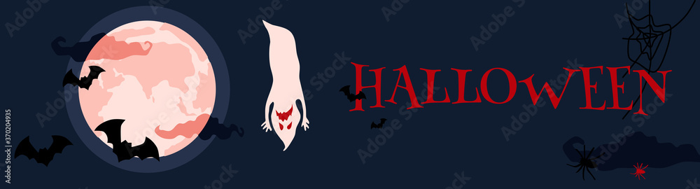 Halloween night spooky horizontal banner with ghosts,spirits with scary ...