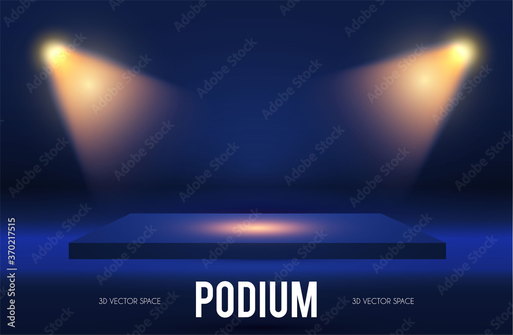 Podium. Scene, pedestal and 3D platform with spotlights. Advertising ...