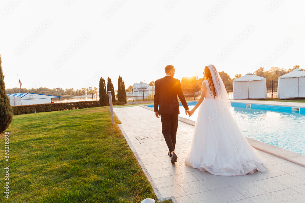 Beautiful luxurious couple, the groom in a black suit and the bride ...