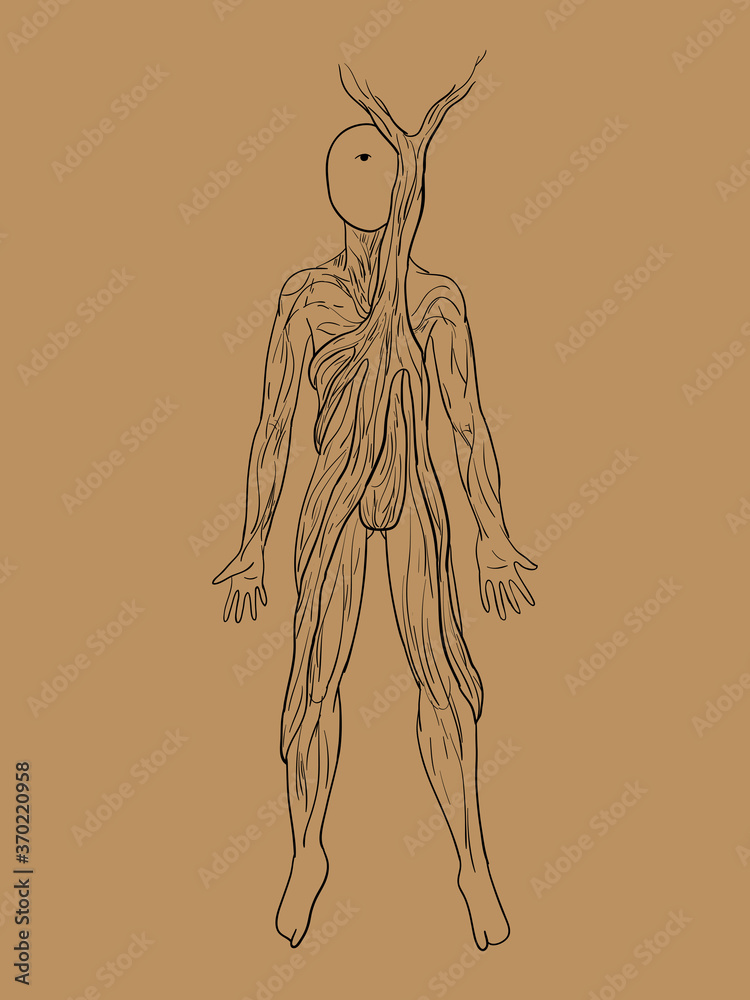 Vector esoteric illustration of a human in graphics. Roots body and the ...