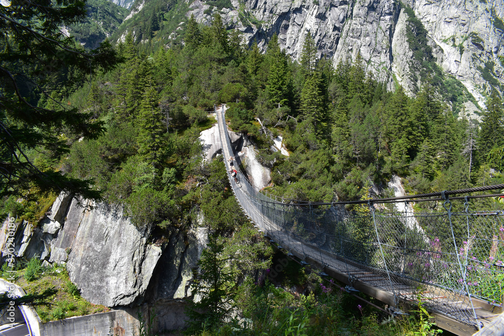 Mountain view, far view. Handek suspension bridge, located 70 meters ...