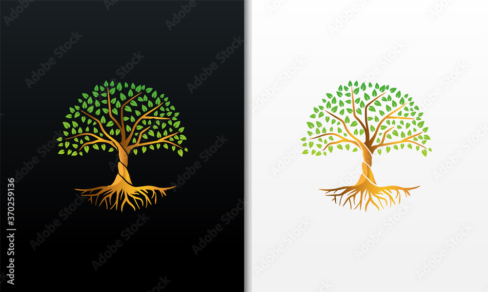 Tree of life with rays round shape design vector gold and green ...