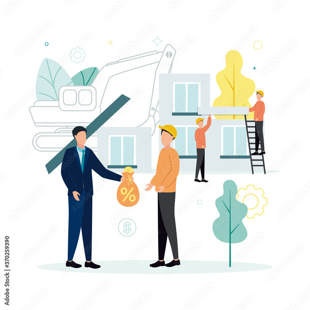 Finance. Vector illustration of lending. A man in a suit gives a money ...