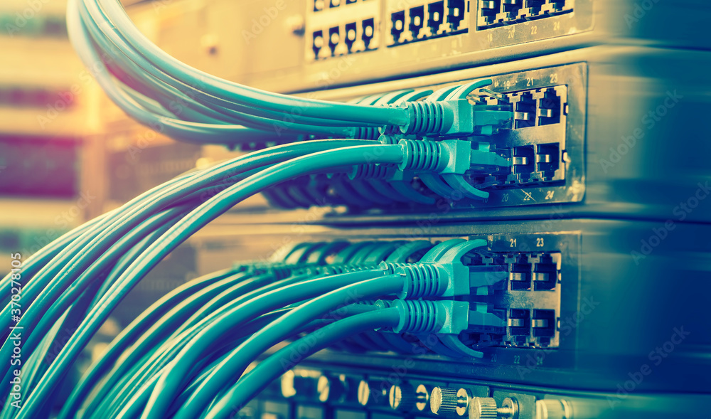 Network cables in switch and firewall in cloud computing data center ...