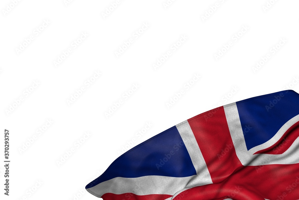 pretty United Kingdom (UK) flag with large folds lie in bottom right ...