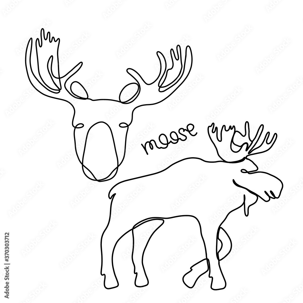 Set of line art illustration with a moose full face, standing moose and ...