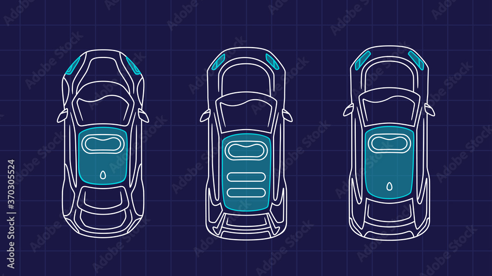 Car set above, top view isolated. Vehicle front, side, back, above view ...